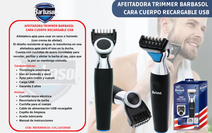 BARBASOL Afeitadora Trimmer Barbasol cara cuerpo recargable USB ...