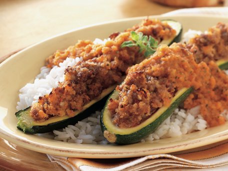 Sausage Stuffed Zucchini with Roasted Pepper Puree Recipe - AOL