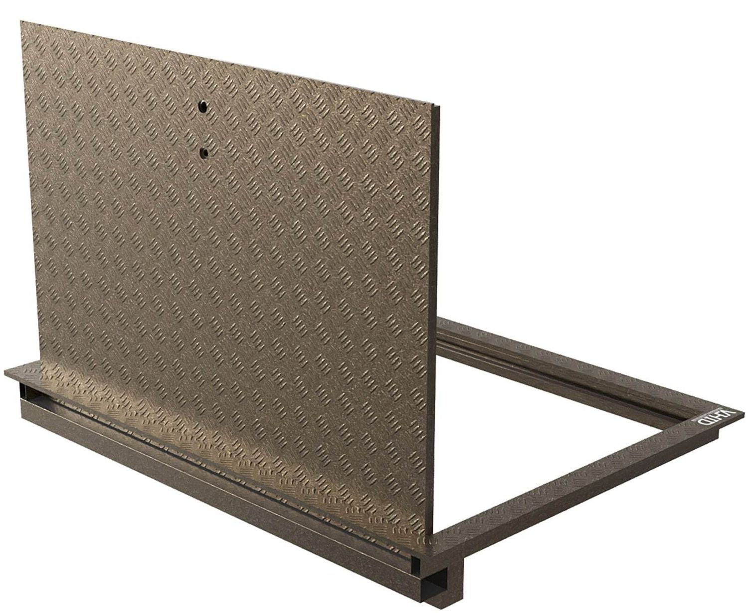 Technical floor hatch made of black steel for premises, with a ...