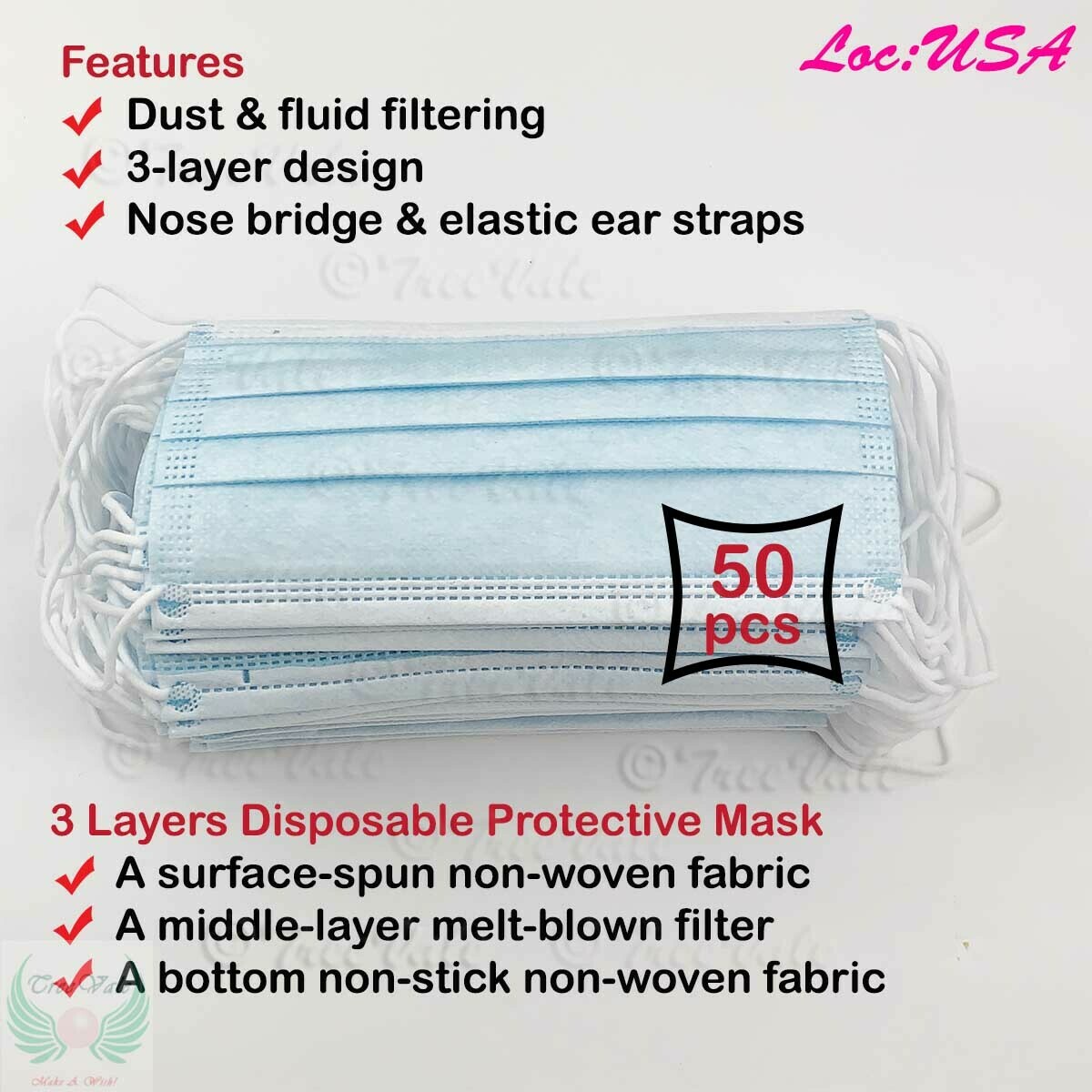 50pcs Disposable 3-Ply Blue Face Mask Earloop