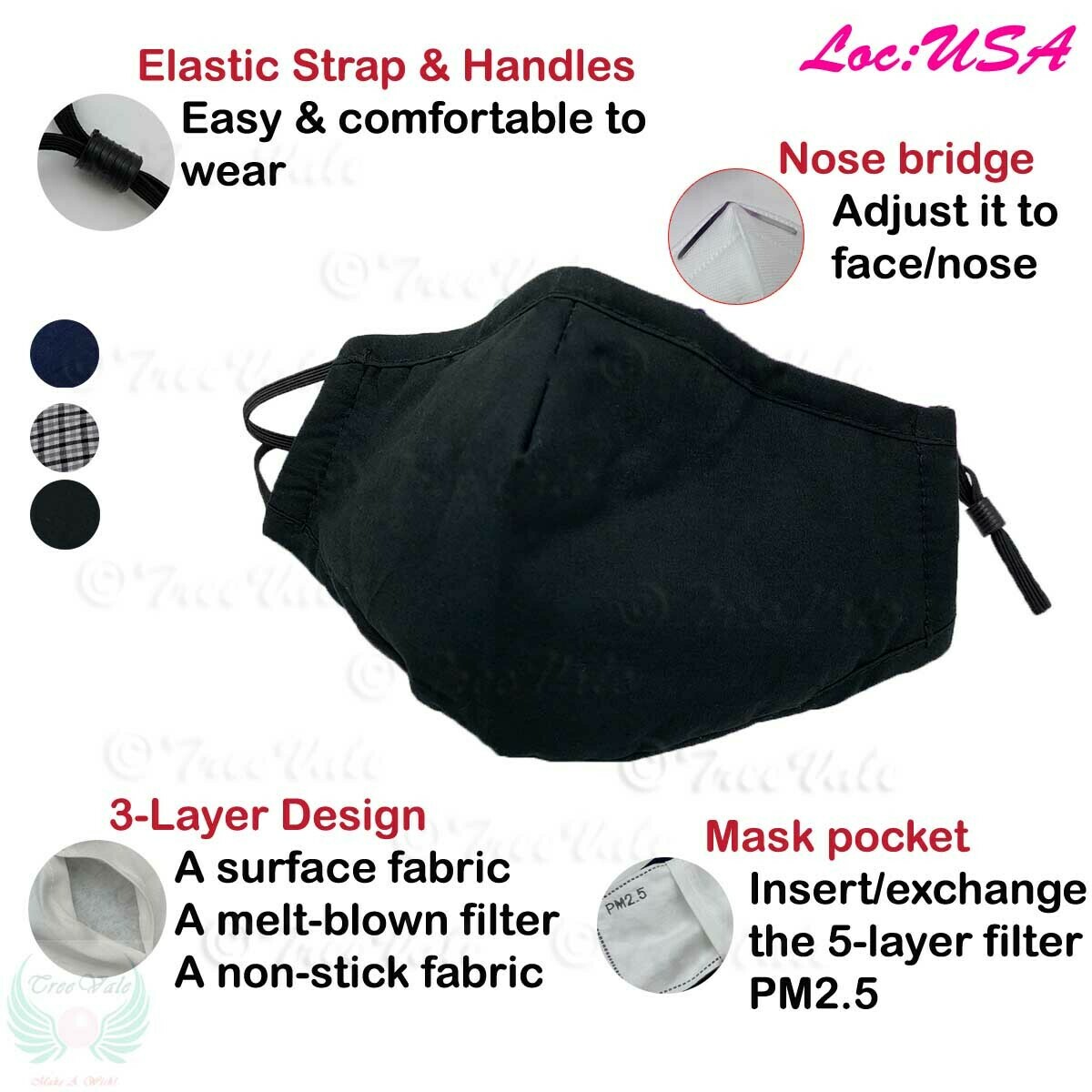 Adult Reusable Face Mask Washable Handmade + 2 filters USA Stock