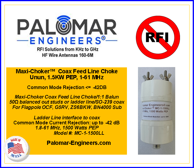 MAXI-CHOKER Coax Line Isolator/Balun, 1-61 MHz, 1.5/3KW, SO-239 In/Stud ...