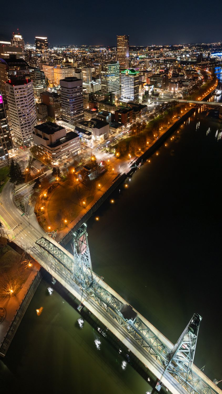 Portland's Iconic Hawthorne Bridge at Night Vertical Panorama