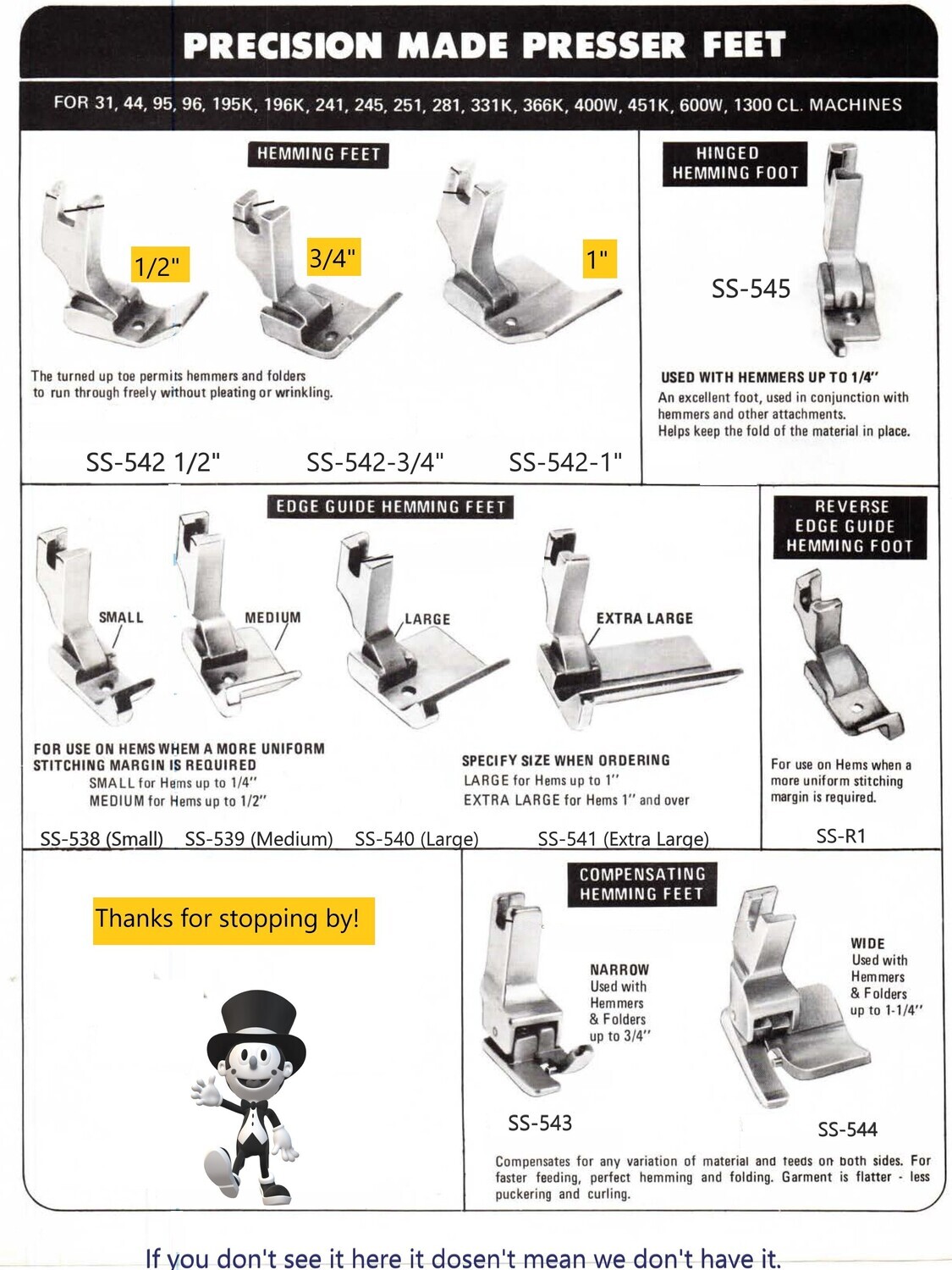 Hemming Sewing Feet, Edge Guide Feet, Compensating Feet