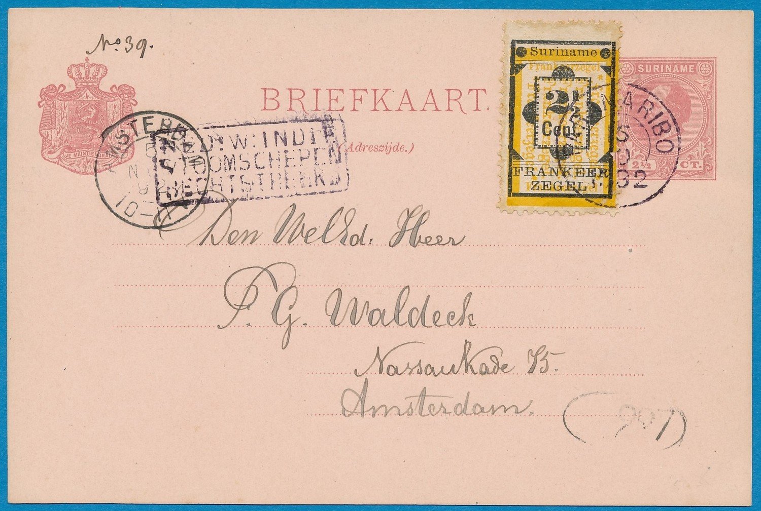 SURINAME briefkaart 1892 Paramaribo naar Amsterdam – online shop ...