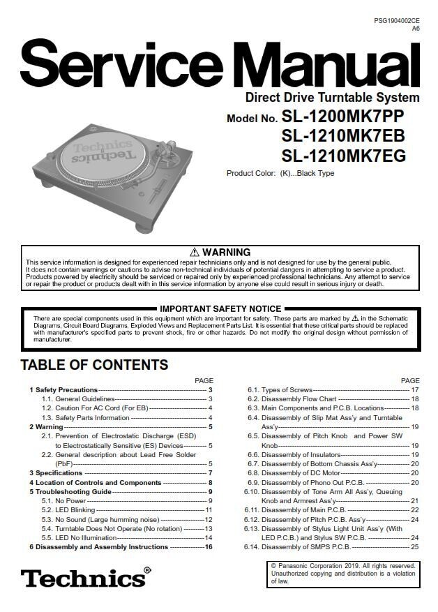 Technics SL-1200MK7 1210MK7 Direct Drive Turntable Service Manual