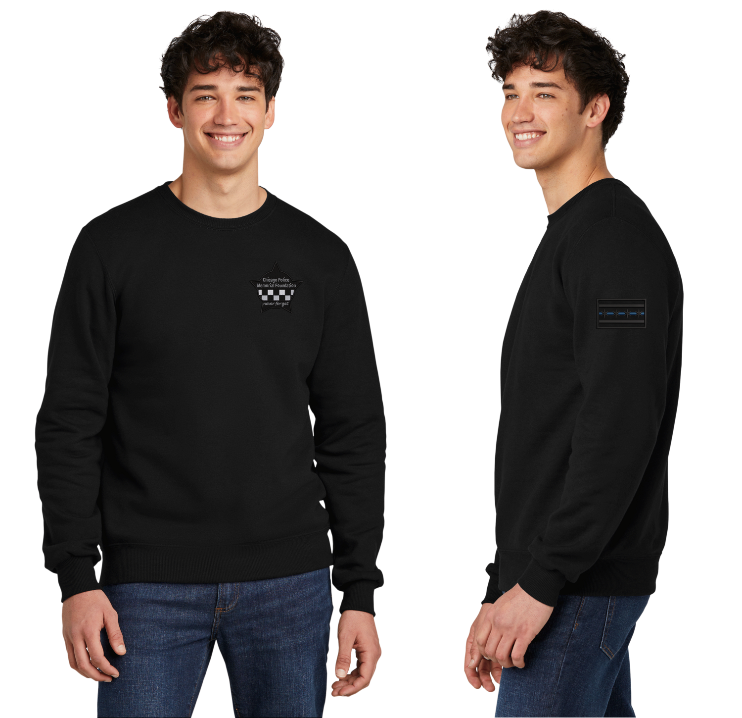 CPD Memorial Star w/Chicago Flag Blue Line Sleeve Patch Crewneck ...