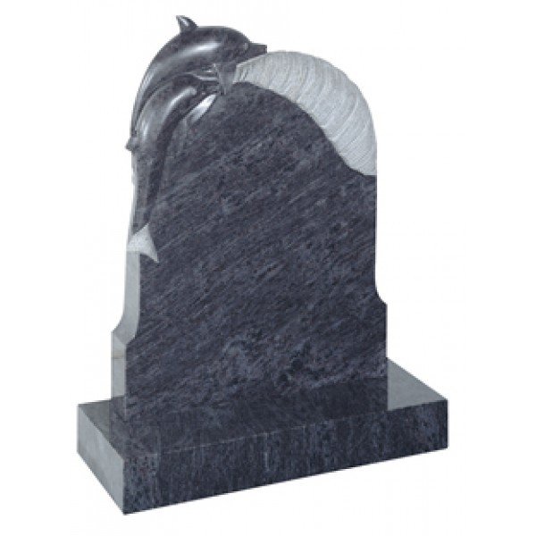 EC73 Bahama Blue Granite headstone with two hand carved dolphins and a ...