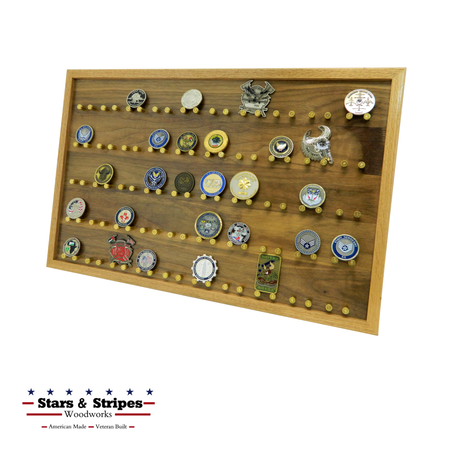 50 Challenge Coin Rack Display with Brass Bullet Casing