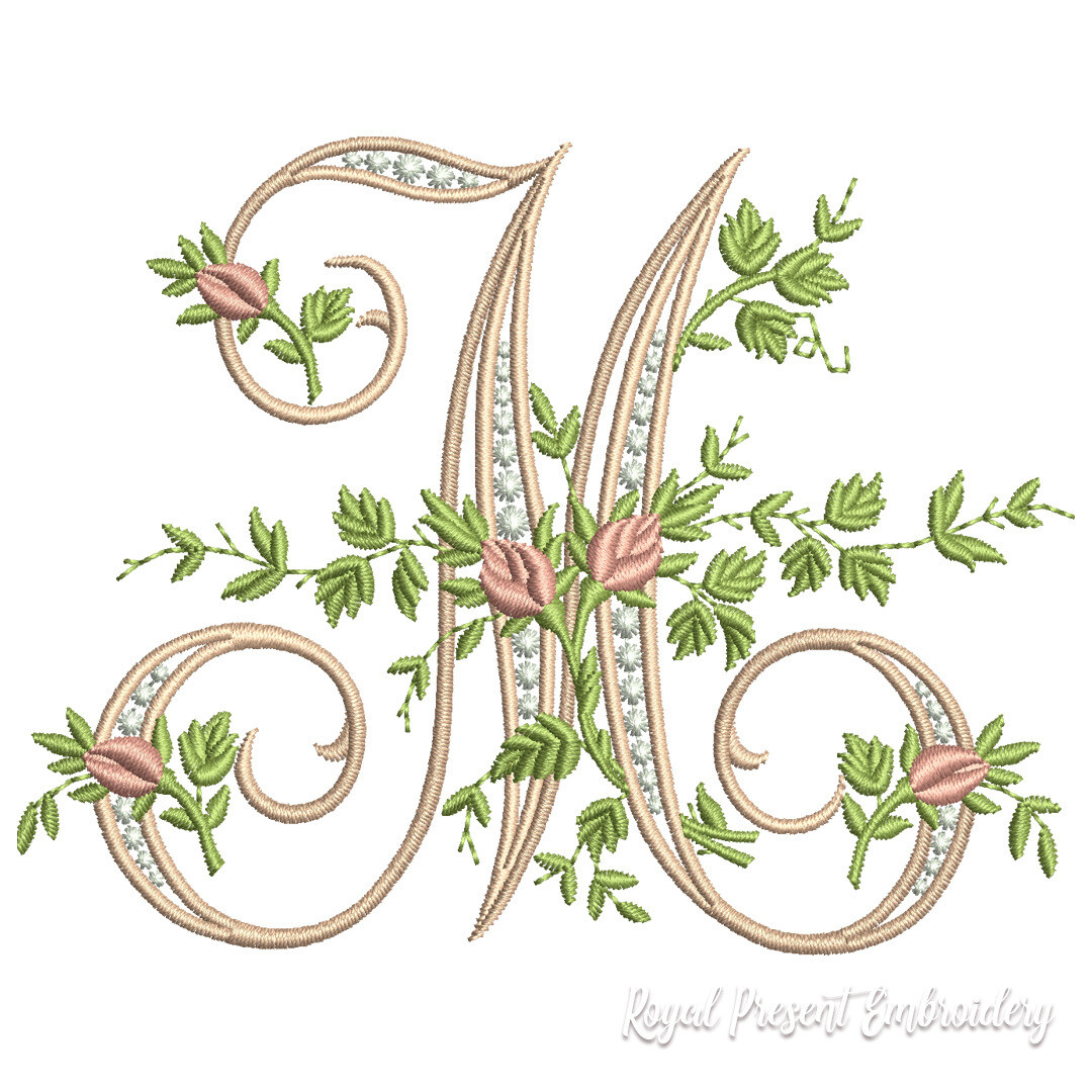 Monogram M with roses Machine Embroidery Design | Royal Present ...