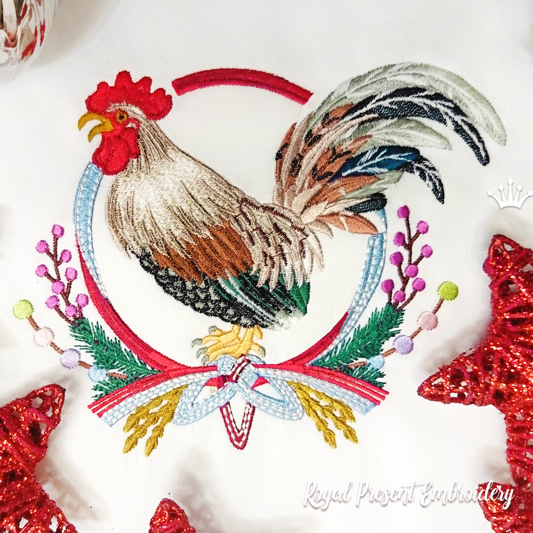Rooster with Japanese Wreath decoration Machine Embroidery Design ...