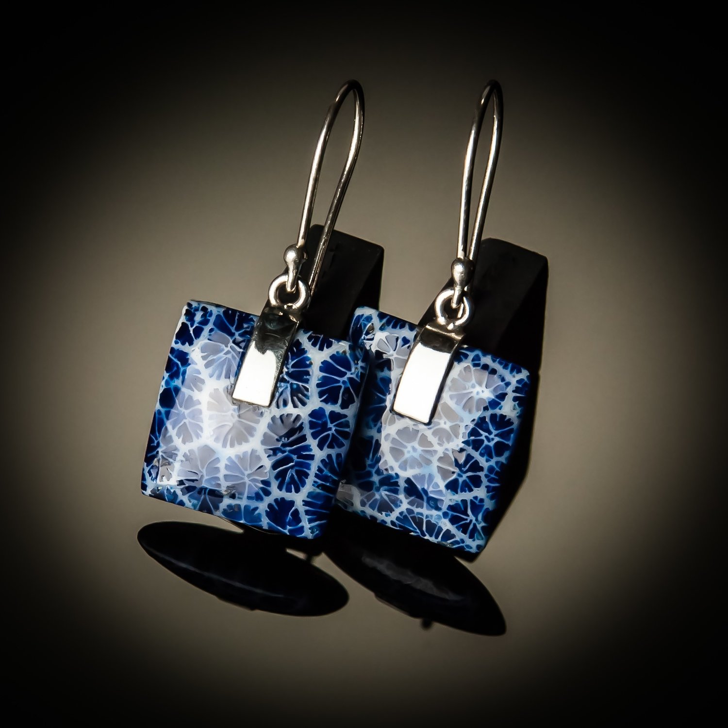 Blue Coral Square Sterling Silver Earrings- Large | Jinja Jewelry