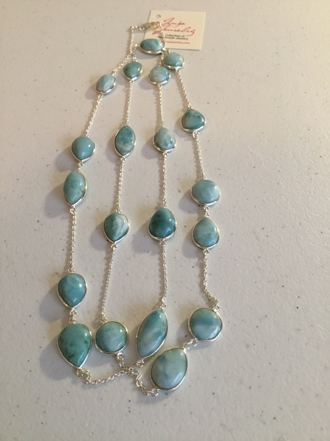 Sterling Silver Handmade Long Larimar Necklace | Jinja Jewelry