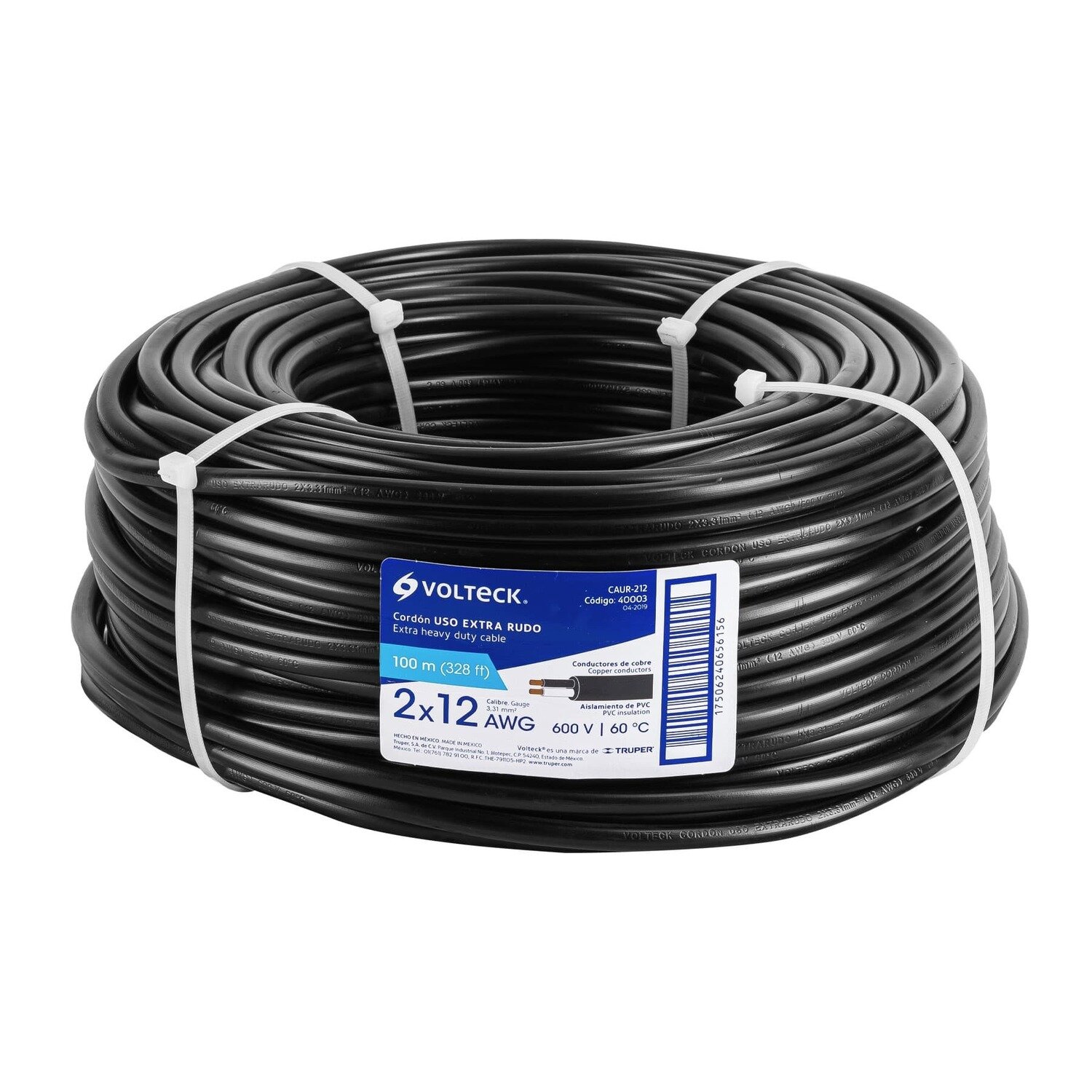 Cable uso rudo, 2 hilos, calibre 12, rollo de 100 m.