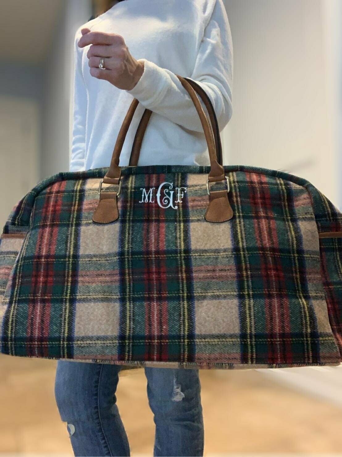 Monogrammed Multi Plaid Weekender Bag