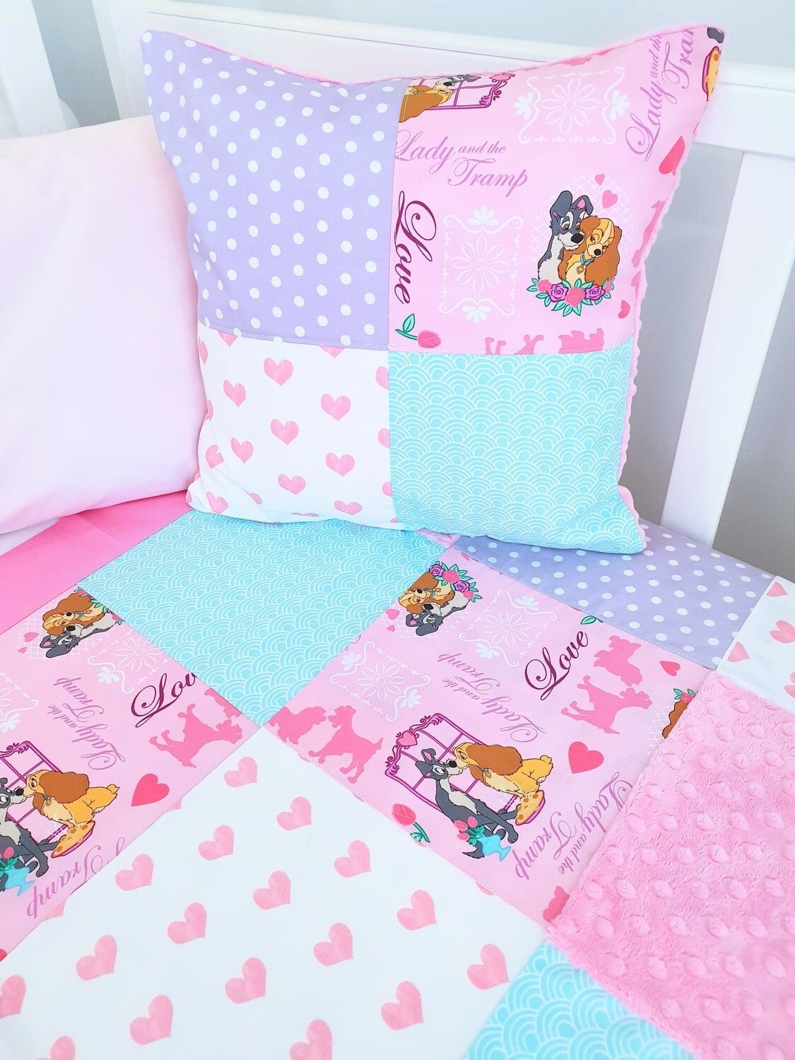 "The Lady and the Tramp" baby girl Patchwork Cot Quilt + Cushion set
