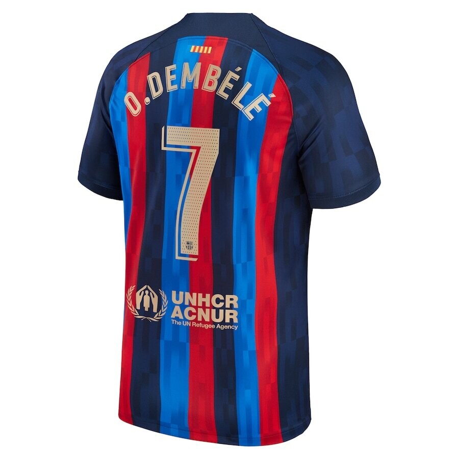 Barcelona Home Ousmane Dembele 7 Jersey Shirt 2022/23 with Sponsor Logos