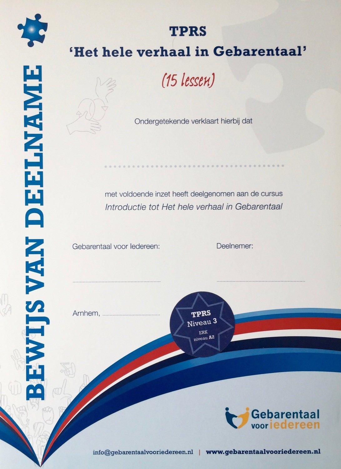 Bewijs van deelname - TPRS "Het hele verhaal in Gebarentaal" niveau 3