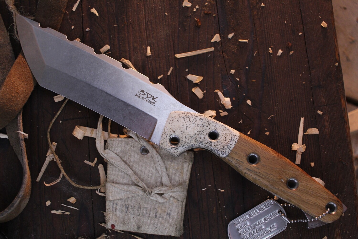 3DK Custom Amuk 6" Fixed Tanto Point, Elmax Blade / Peach Wood & Walrus Jaw Bone Bolsters