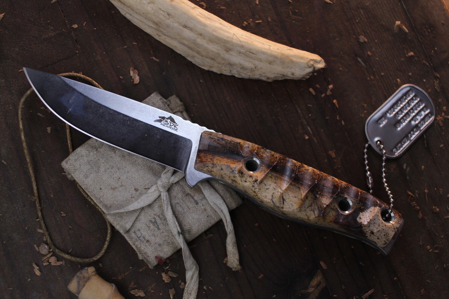 3DK MAK 4" Fixed Drop Point, K110 Blade / Composite Walrus Jaw Bone Handle
