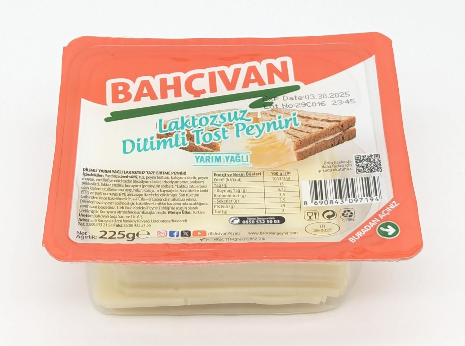 BAHCIVAN Sliced Kashkaval Cheese Lactose Free 225g