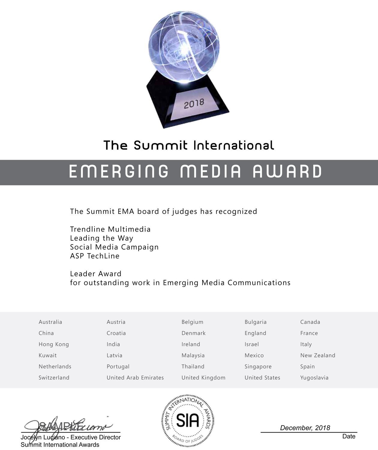 Emerging Media Award Certificate – Store – Summit Awards