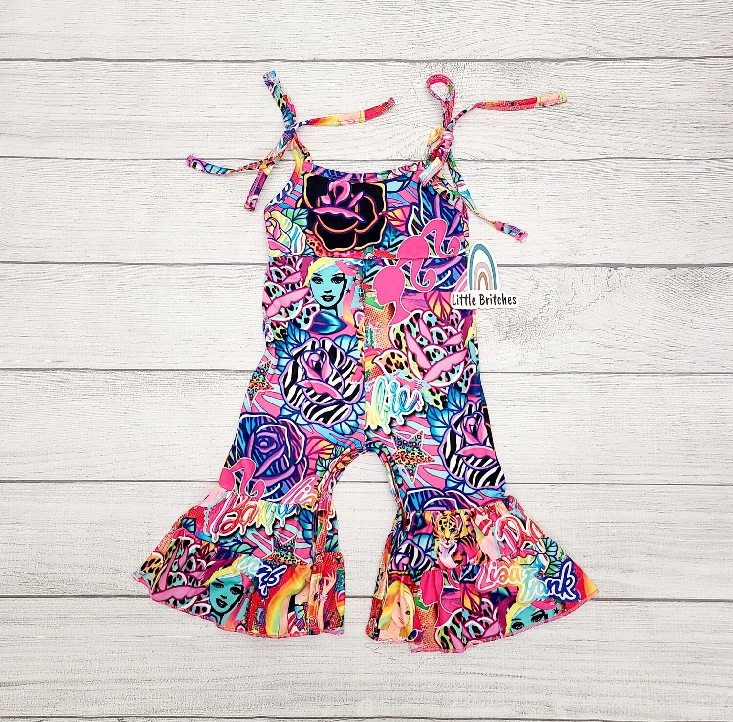 Barbie X Lisa Frank Tie Shoulder Bell Bottom Romper