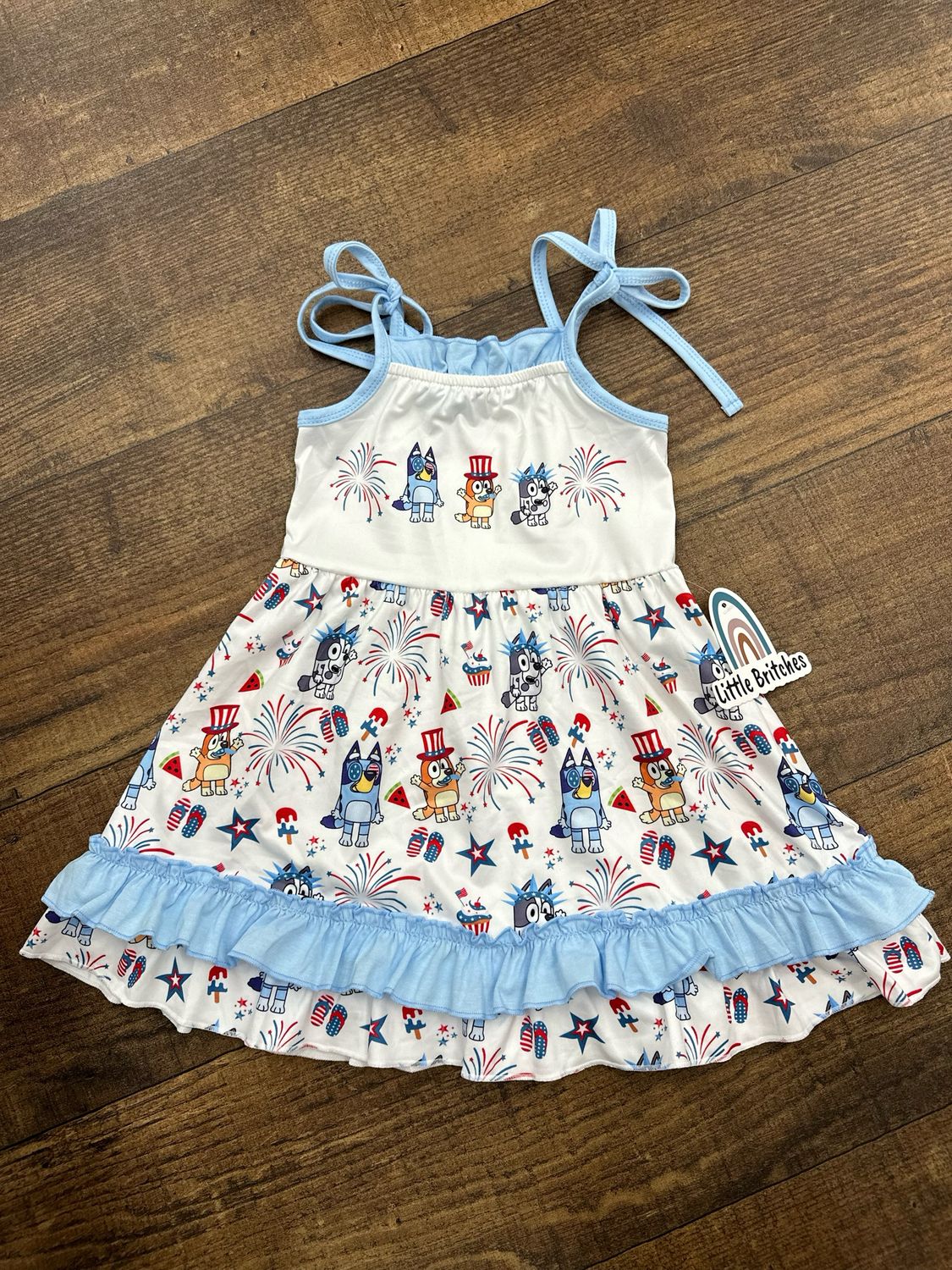 Girls Patriotic Bluey Tie Shoulder Ruffle Dress