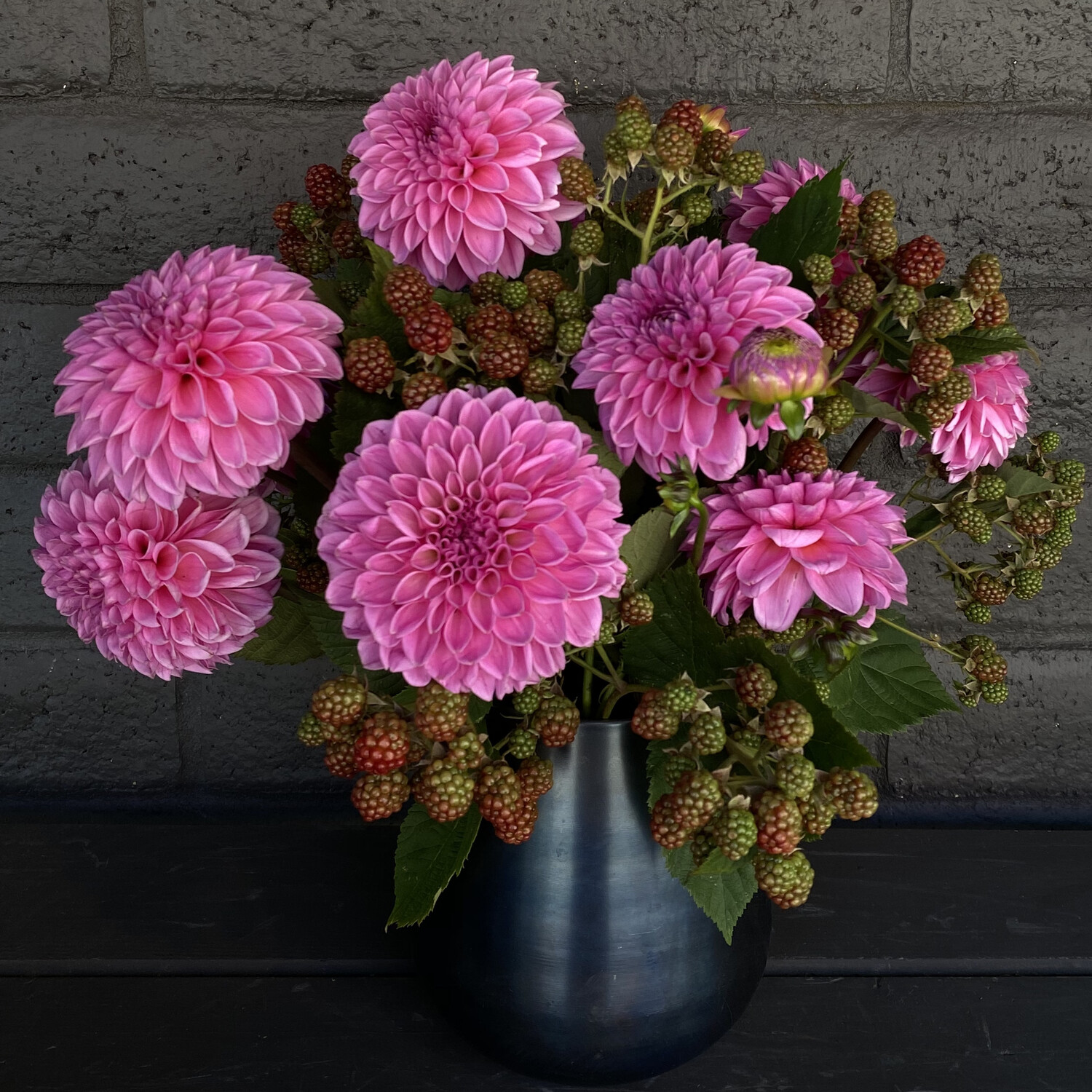 LOCAL DAHLIAS & RASPBERRY IN ONYX POT
