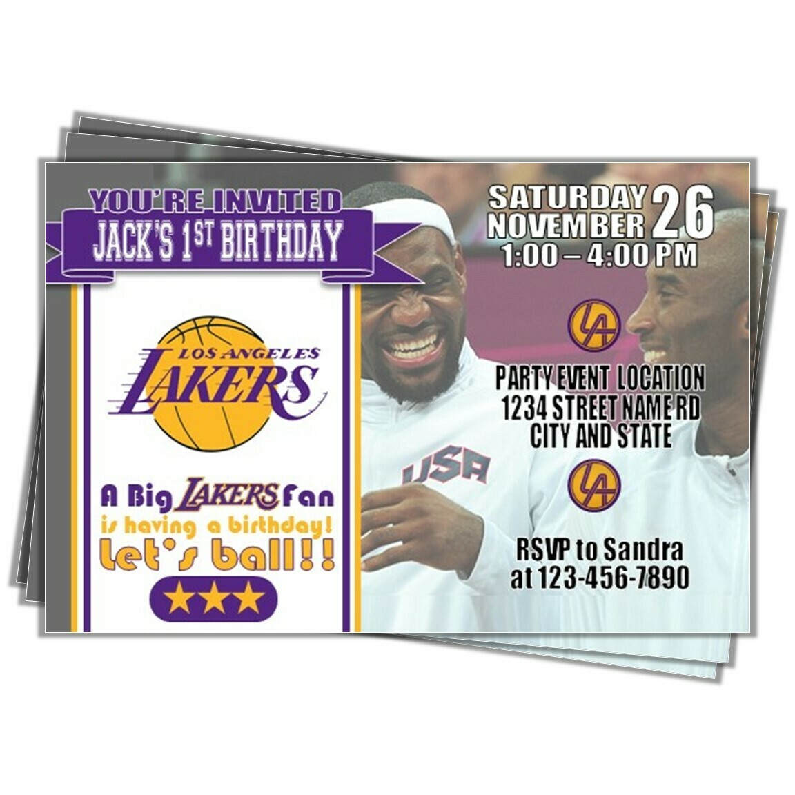 Los Angeles LA Lakers NBA Basketball Birthday Invitation 4"x6"