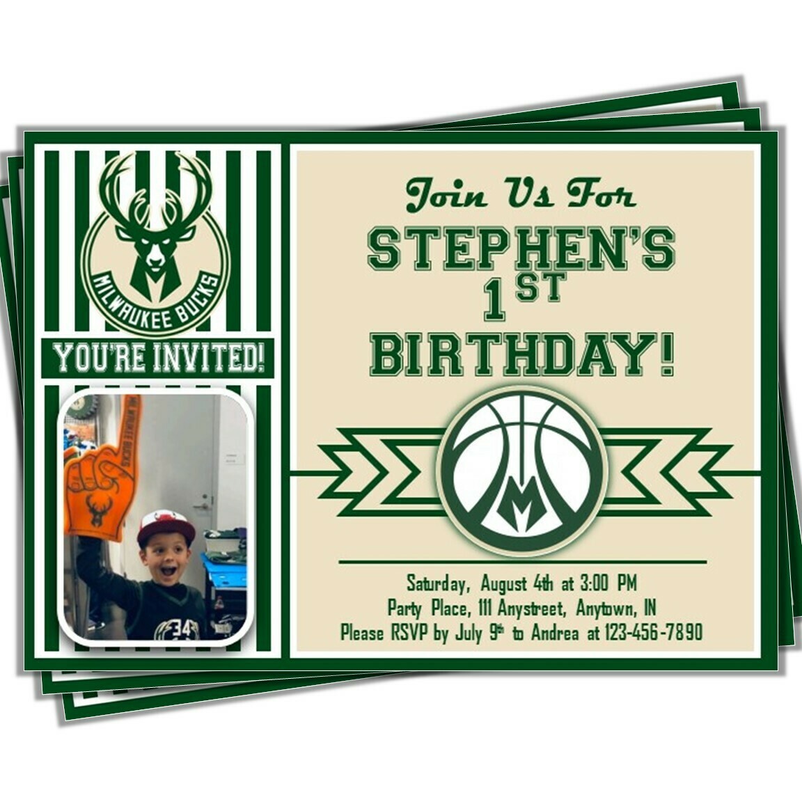 Milwaukee Bucks Birthday Invitation NBA Basketball 5"x7" pic