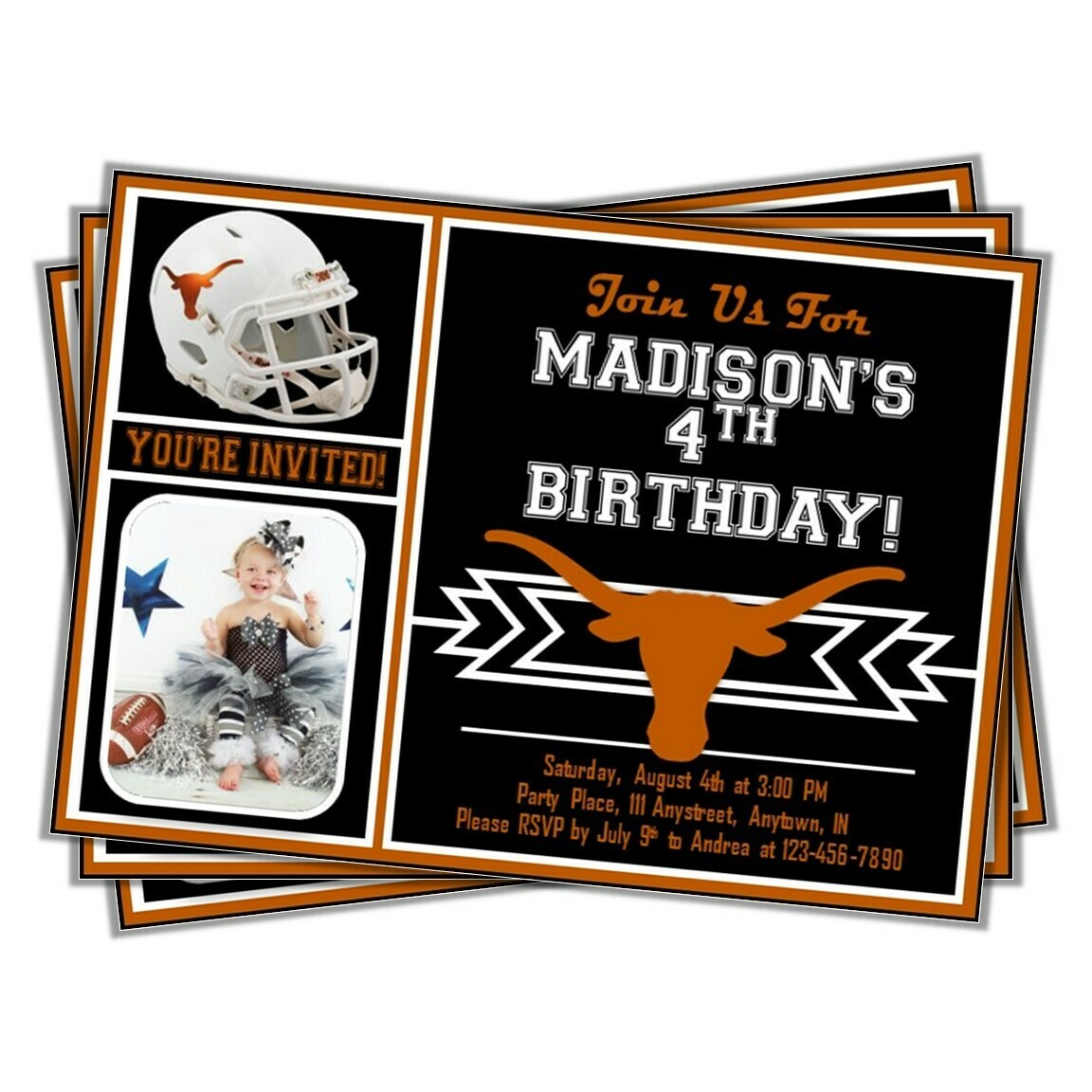 Texas Longhorns Photo Birthday Invitation College footbal