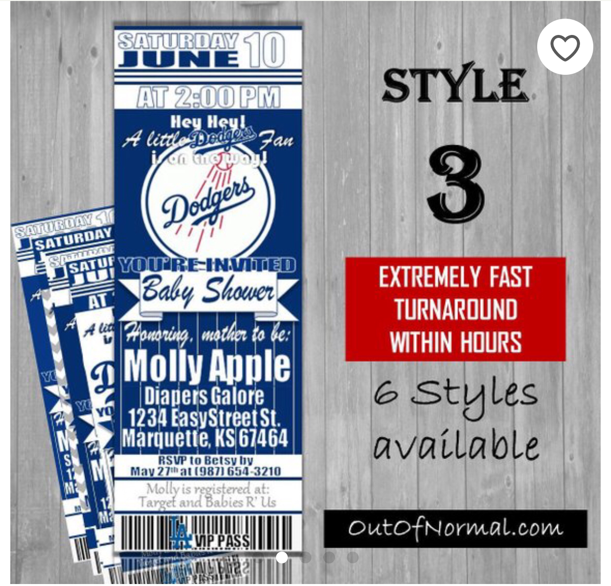 Los Angeles Dodgers Baseball Baby Shower Invitation