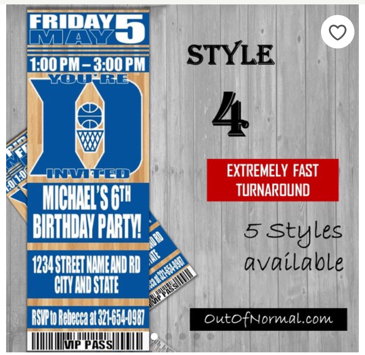 Duke Blue Devils NCAA Birthday Invitation Ticket Custom
