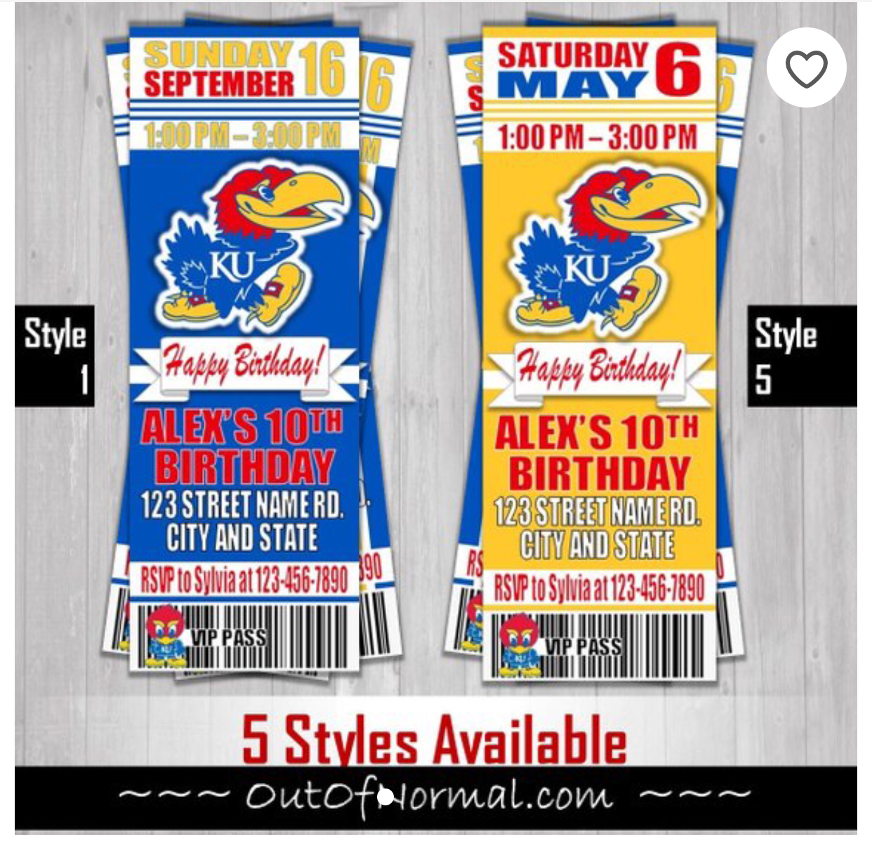 Kansas Jayhawks KU NCAA Birthday Invitation Ticket Custom