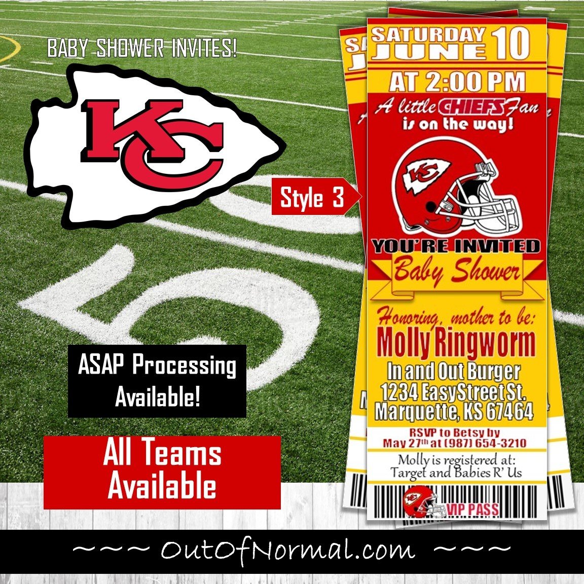 Kansas City Chiefs KC Football Ticket Baby Shower Invite