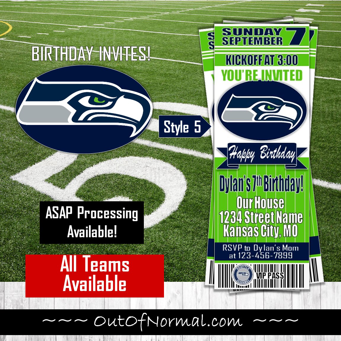 Seattle Seahawks NFL Football Ticket Style Invitation