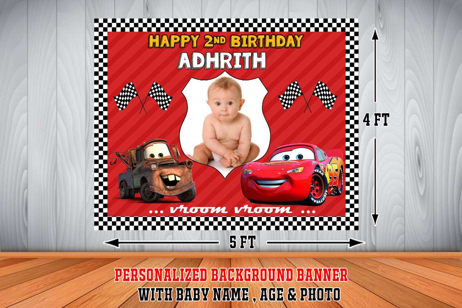 Personalized Car Birthday Backdrop / Background Pic Banner (4ft x 5ft)