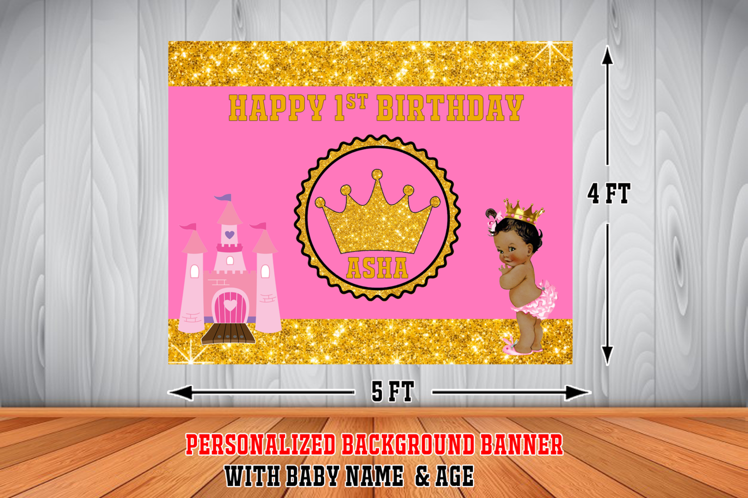 Personalized Royal Princess Pink Birthday Backdrop / Background Banner ...