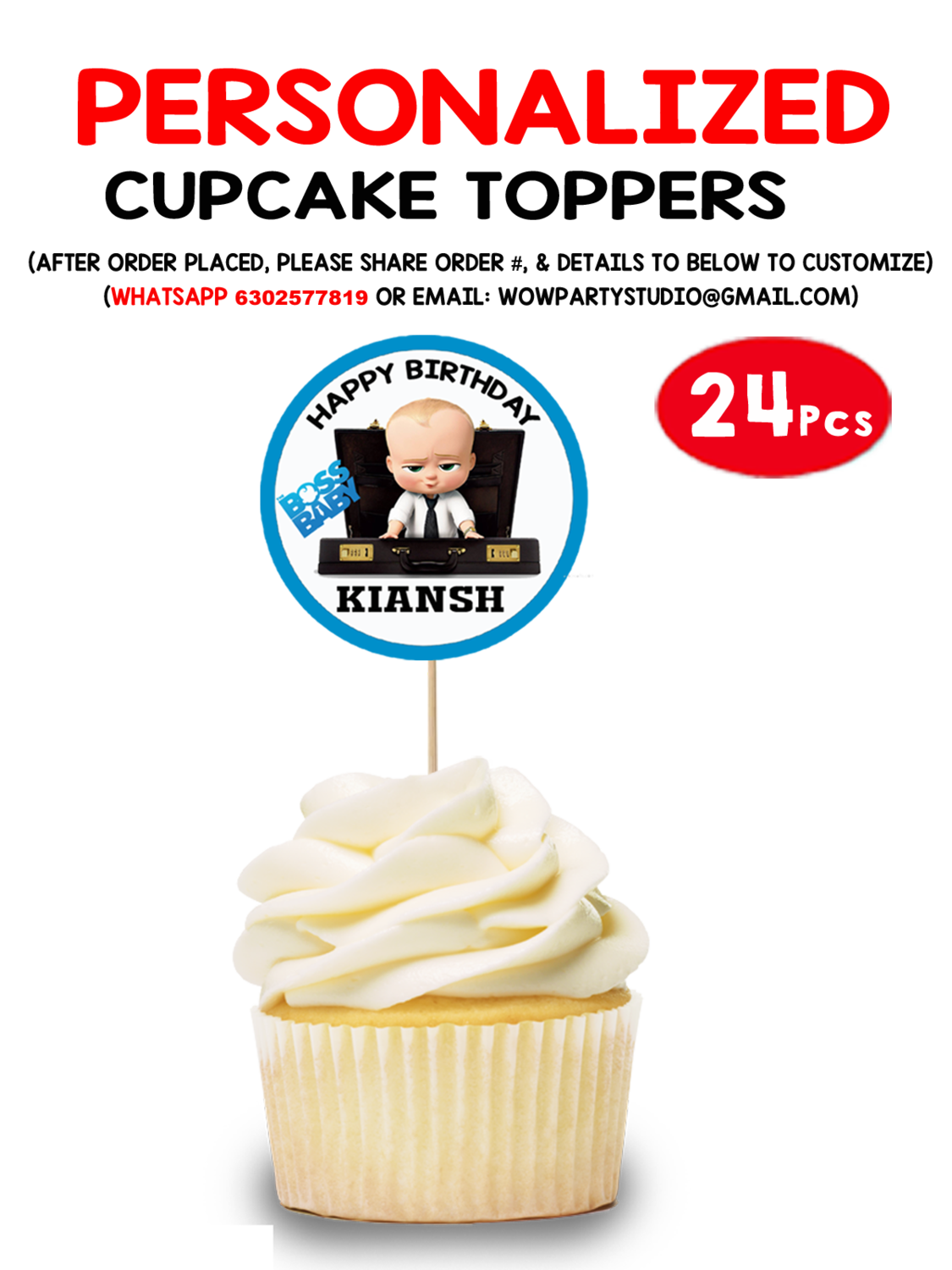 Personalized Boss Baby Birthday Cupcake Topper (24 Pcs)
