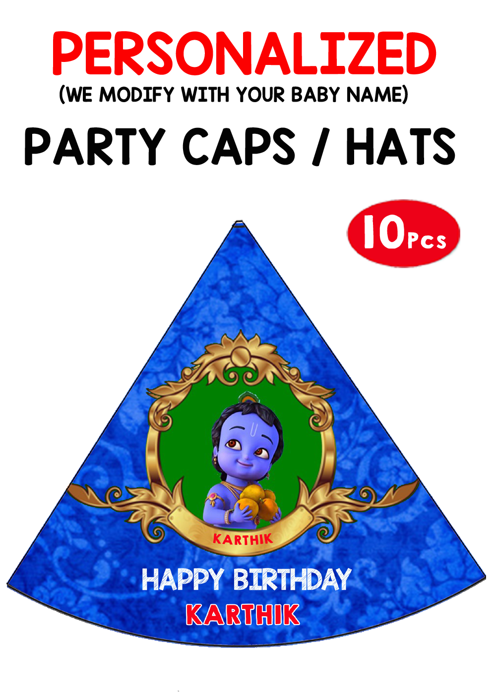 Personalized Little Krishna Birthday Party Caps / Hats (10 Pcs)