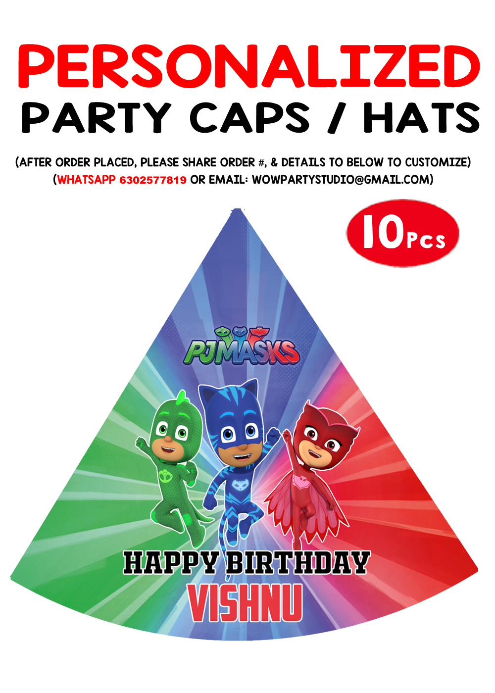 Personalized Birthday Party Caps / Hats (10 Pcs)