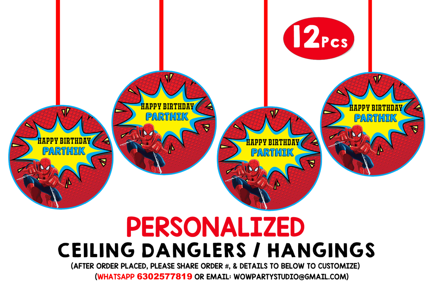 Personalized spiderman Birthday Ceiling Hangings / Danglers (12 Pcs)