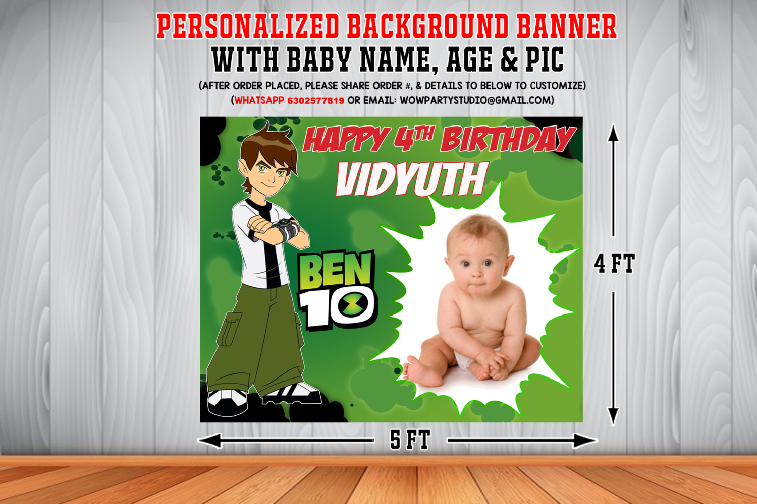 Personalized Ben 10 Birthday Background Banner With Pic (4x5ft)