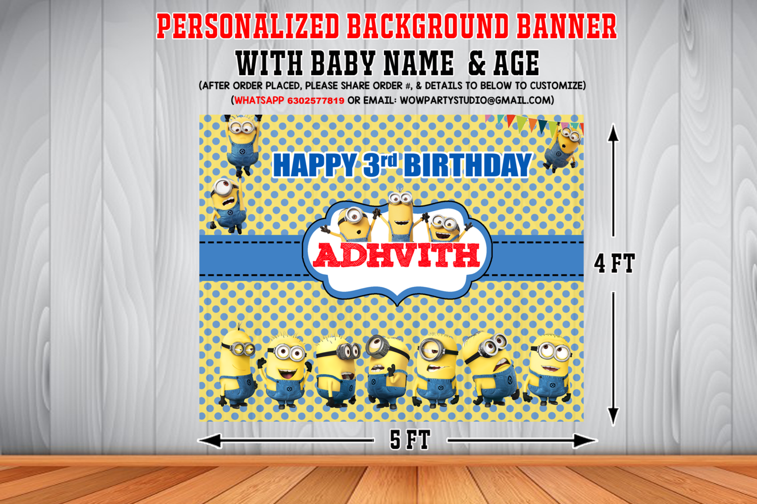 Personalized Minion Birthday Backdrop Banner(4ft x 5ft)