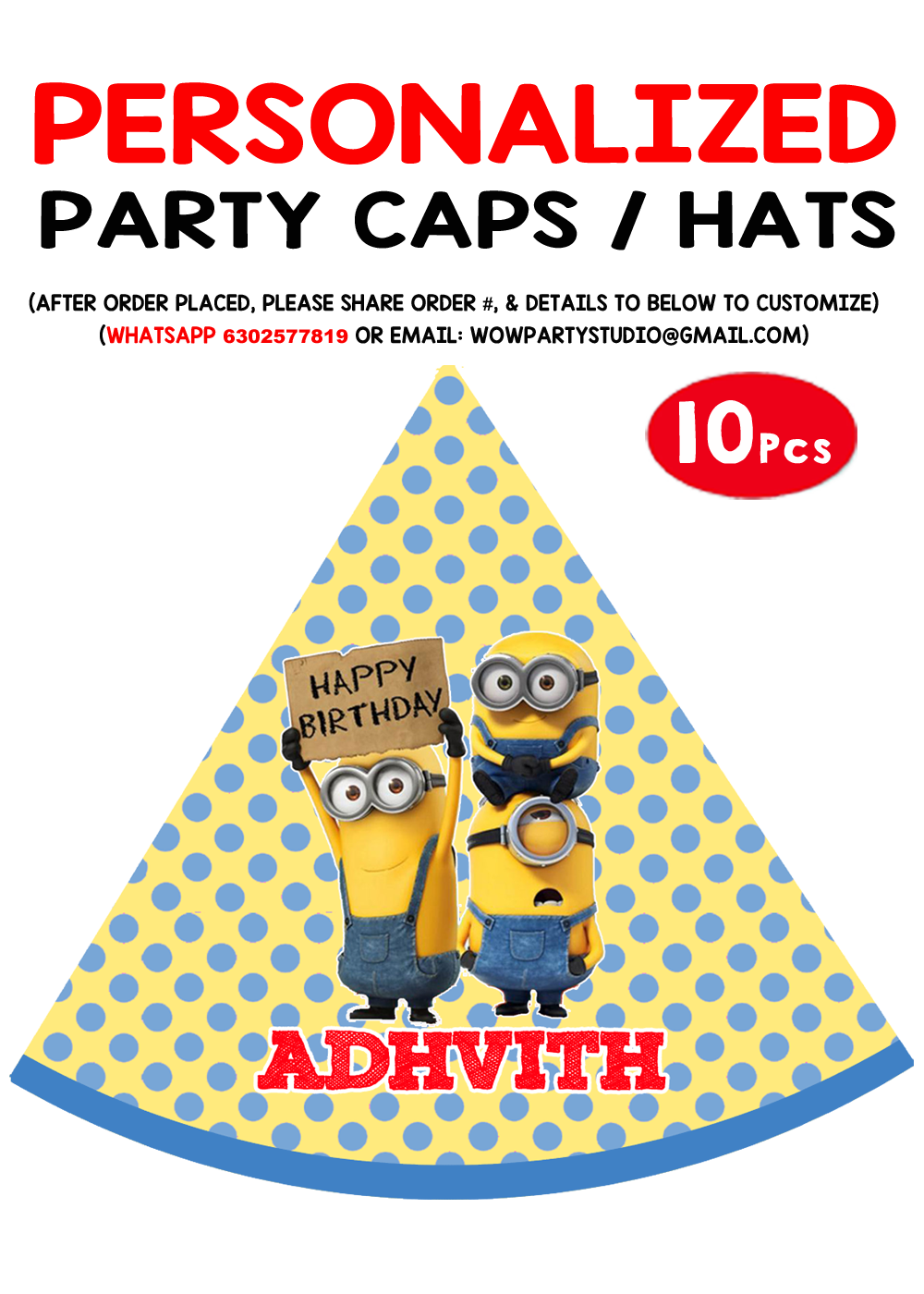 Personalized Minion Birthday Party Caps / Hats (10Pcs)
