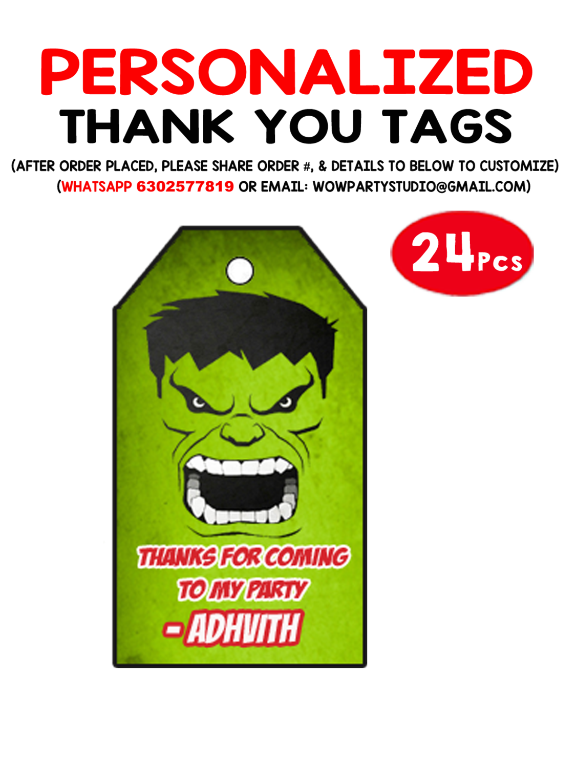 Personalized Hulk Birthday Thank you Tags (24 Pcs)