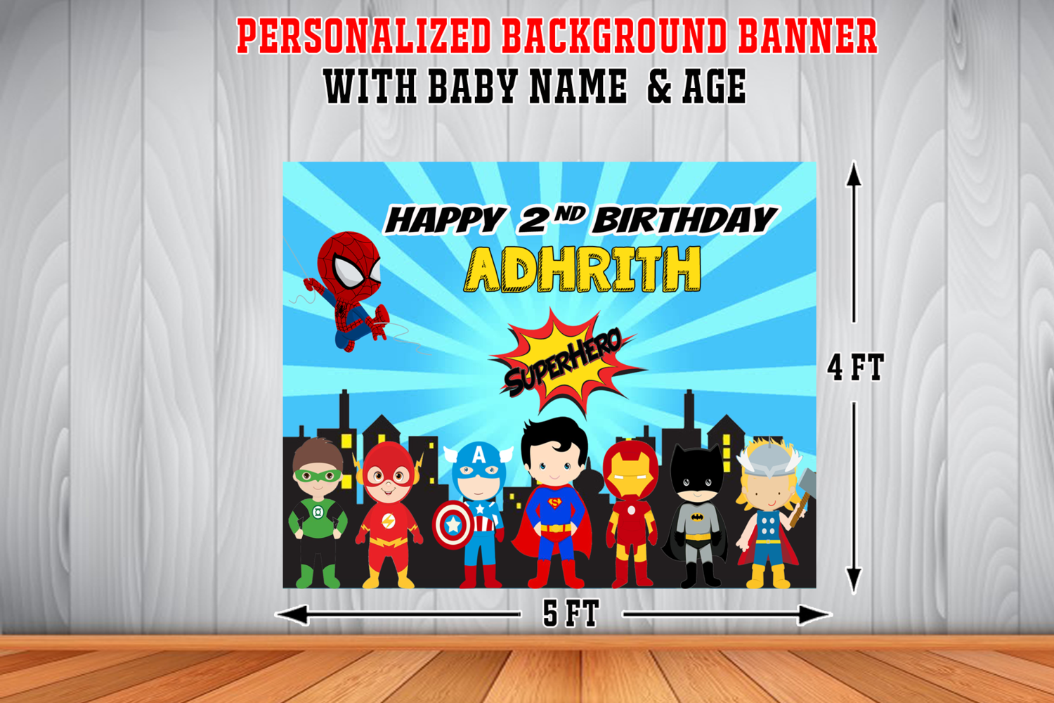 Personalized Super Hero Birthday Backdrop / Background Banner (4ft x 5ft)