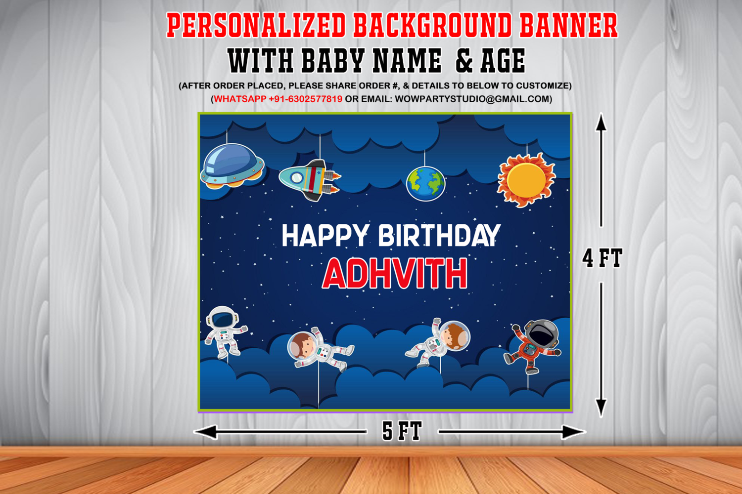 Personalized Space Theme Birthday Backdrop Banner (4ft x 5ft)