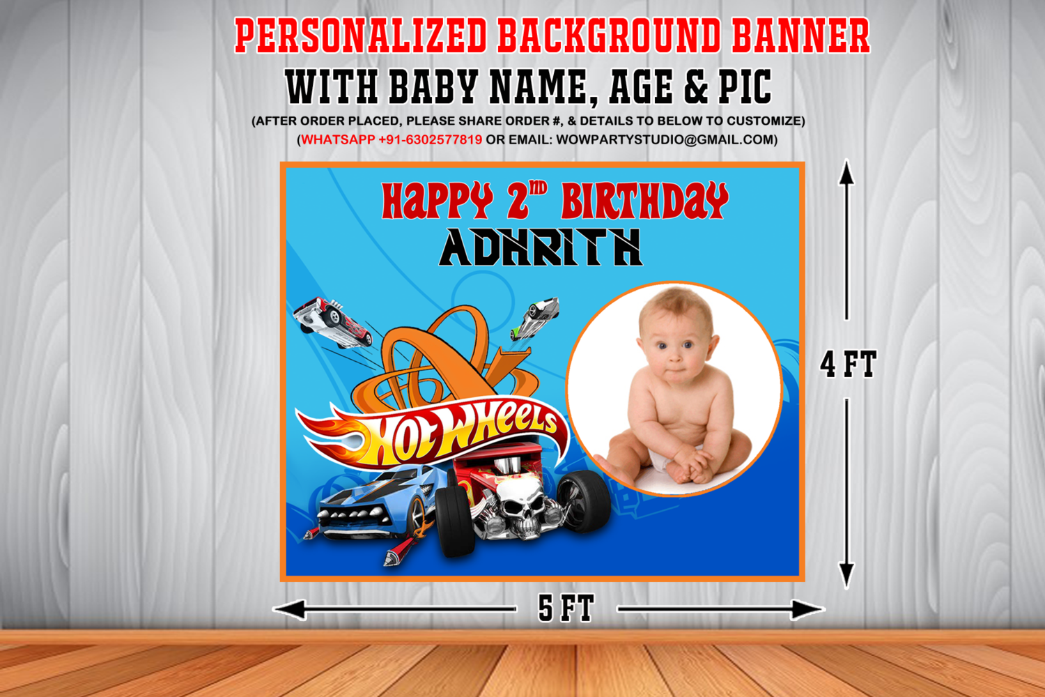 Personalized Hot Wheels Birthday Backdrop Banner With Baby Photo (4ft x ...